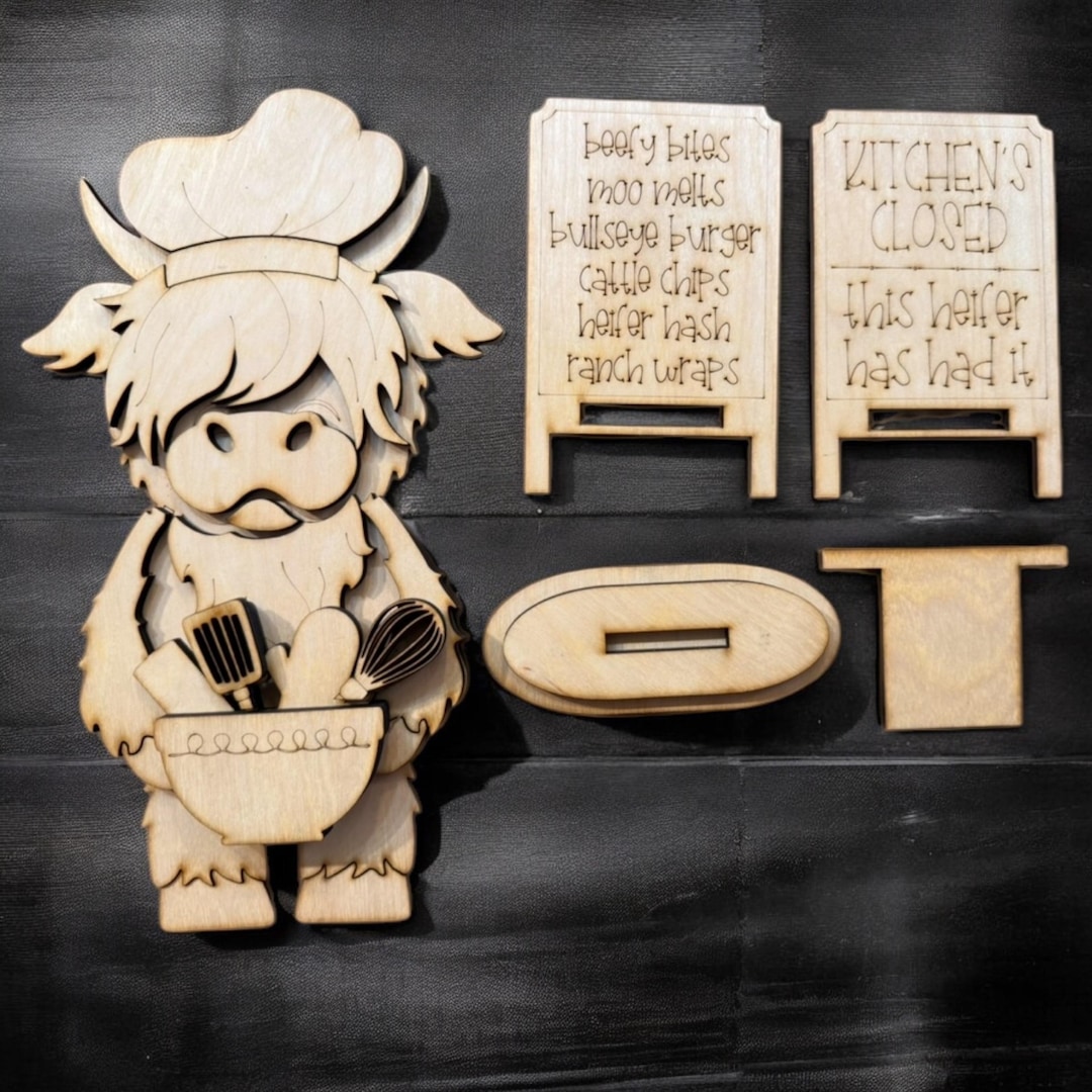 Highland Cow CHEF Shelf Sitter With Easel Sign Farmhouse or Cabin Shelf ...