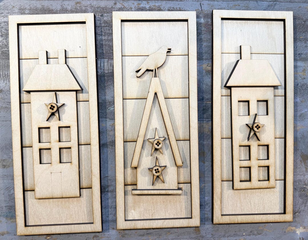 Set of 3 Primitive House Signs or Plaque Frame Home Decor DIY Wood Cut ...