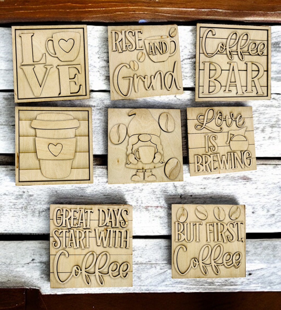 8 Pc Set Coffee Bar Sayings Tiered Tray Pieces, Plaques or Magnets 4"x4 ...
