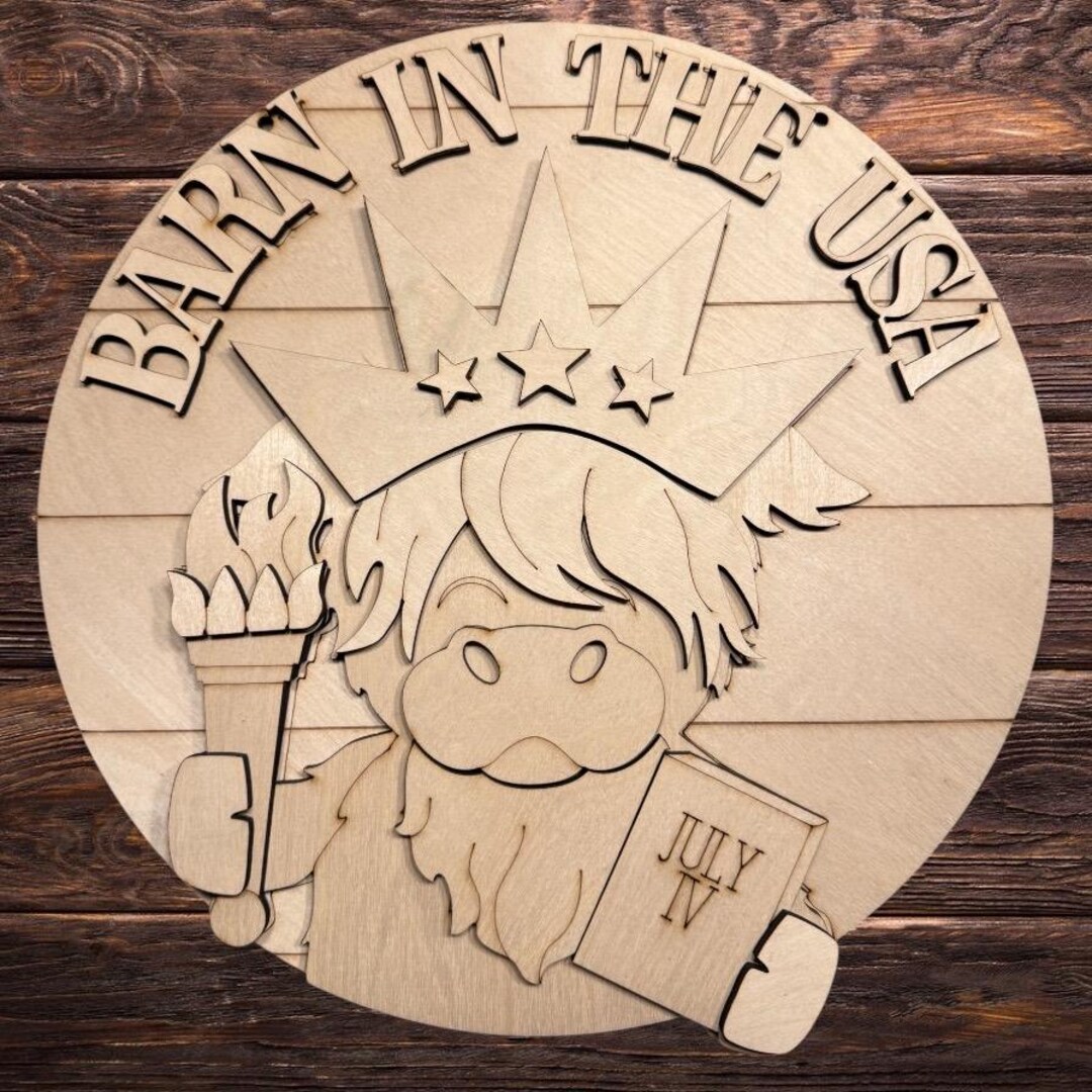 3 Sizes Born Barn in the USA Highland Cow Statue of Liberty Round Sign ...