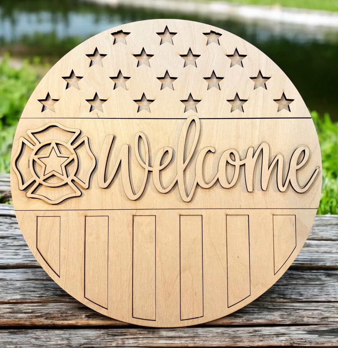 3 Size Options Firefighter Welcome Sign Round Door Hanger Blank DIY KIT ...