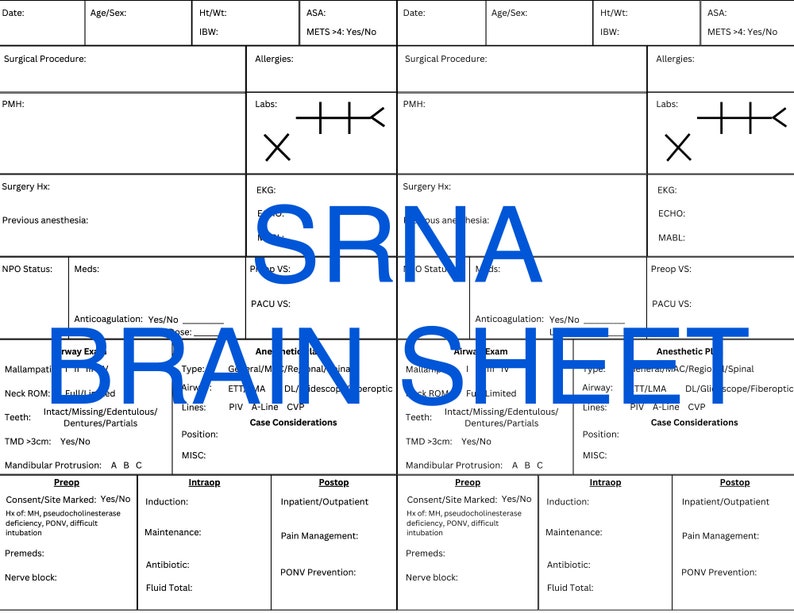 SRNA Anesthesia Brain Sheet - Letter Size 11x8.5 - Two Sheets per Side ...