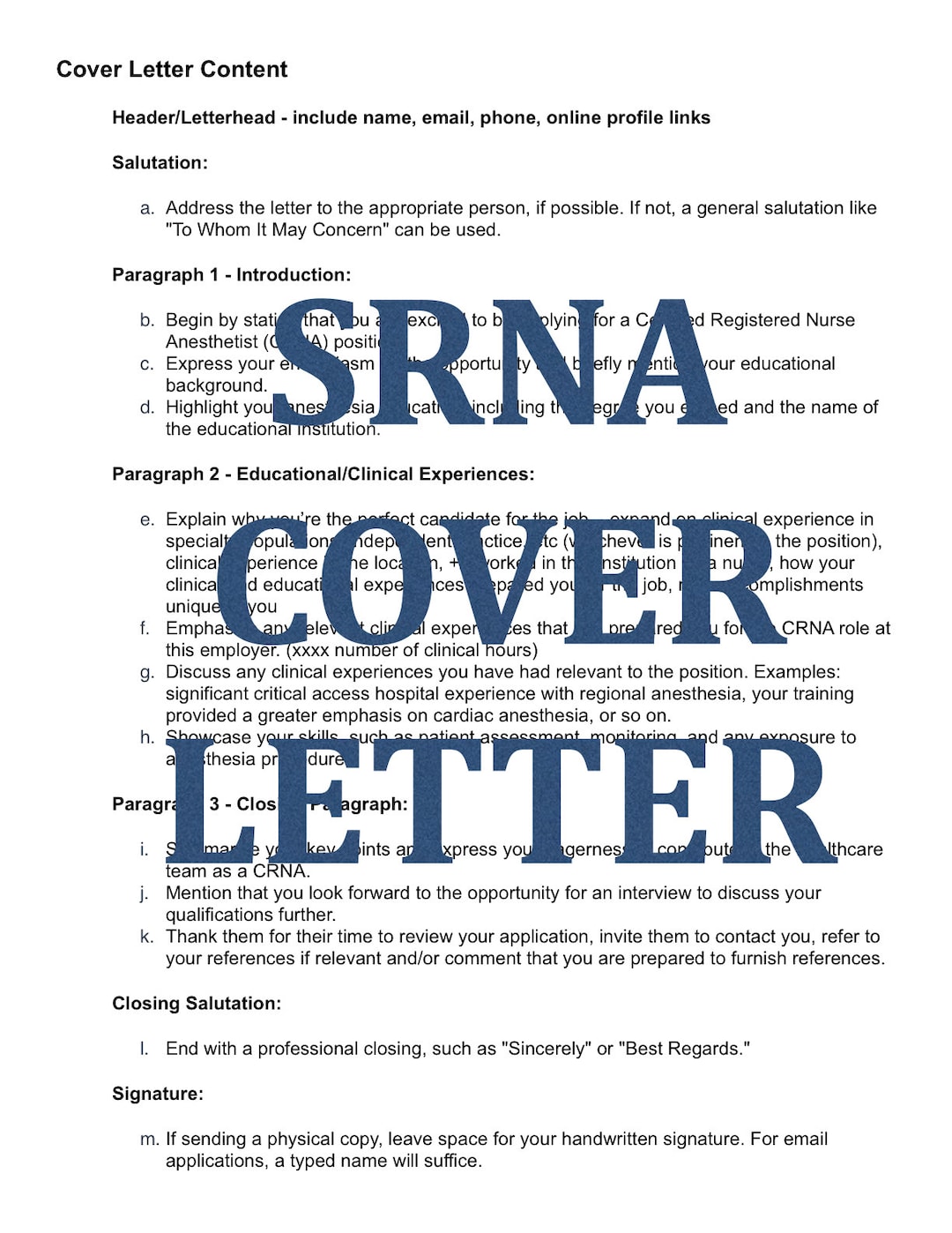 SRNA Cover Letter Template and Tips - Etsy