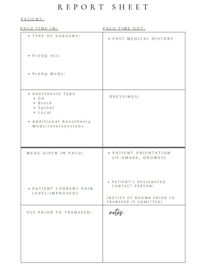 PACU Report Sheets - Etsy