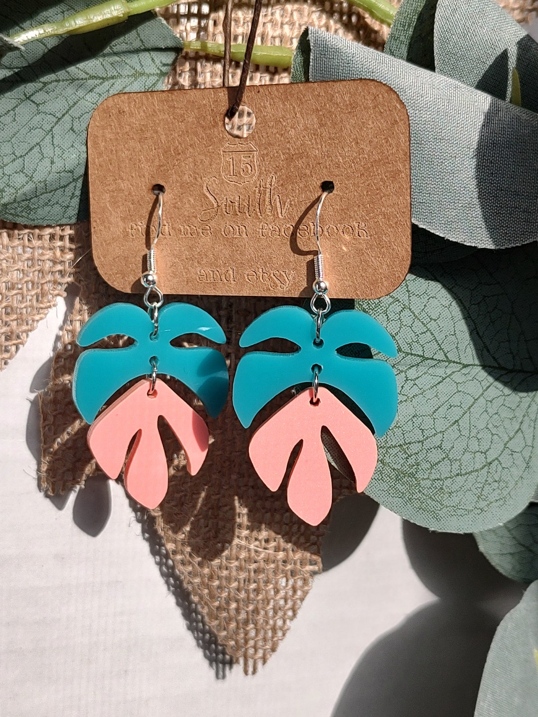 Monstera Leaf Earrings/80s Colored Earrings/pink and Teal Monstera Leaf ...