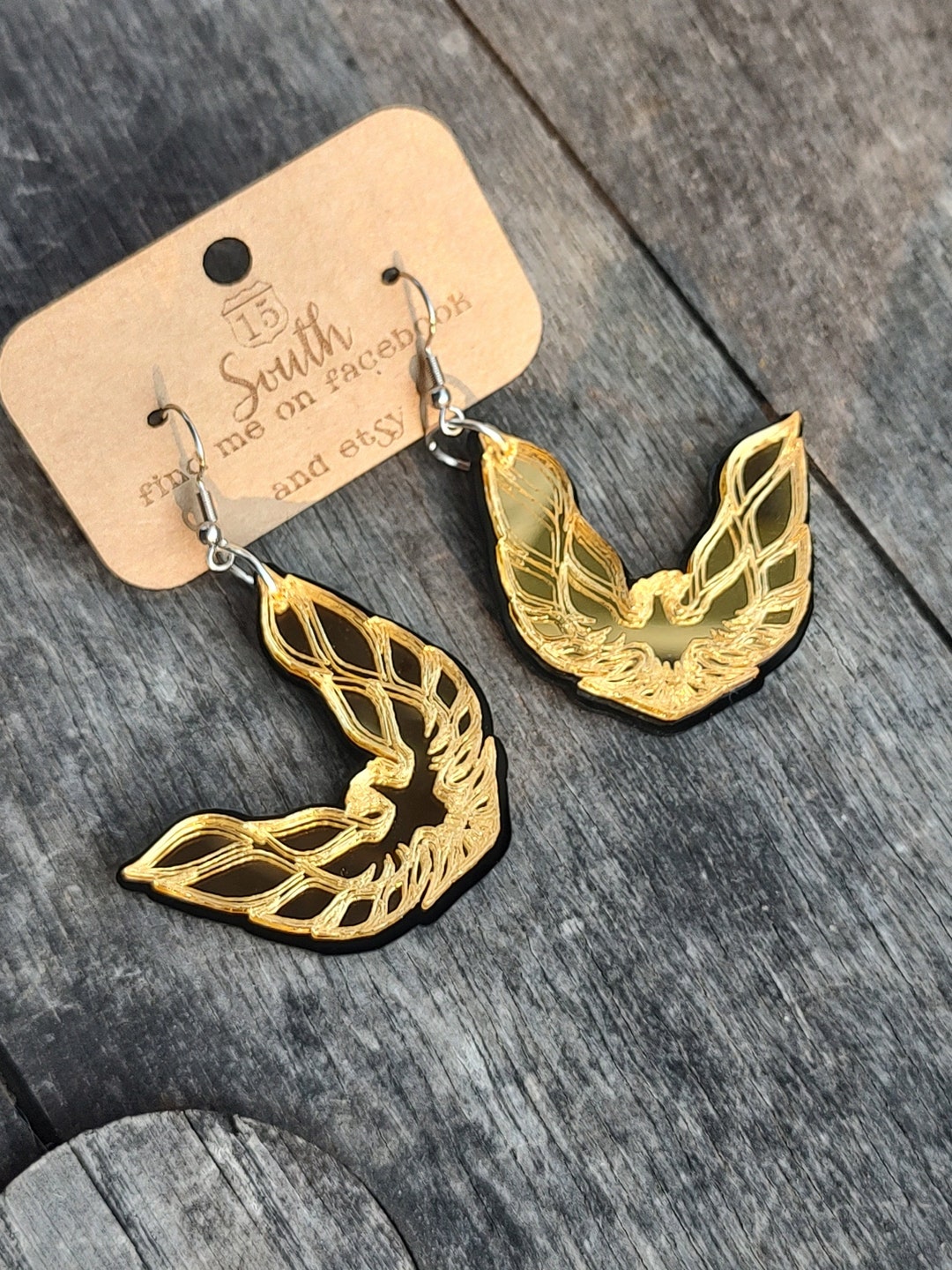 Phoenix Firebird Earrings, Black and Gold Mirror Acrylic Muscle Car ...
