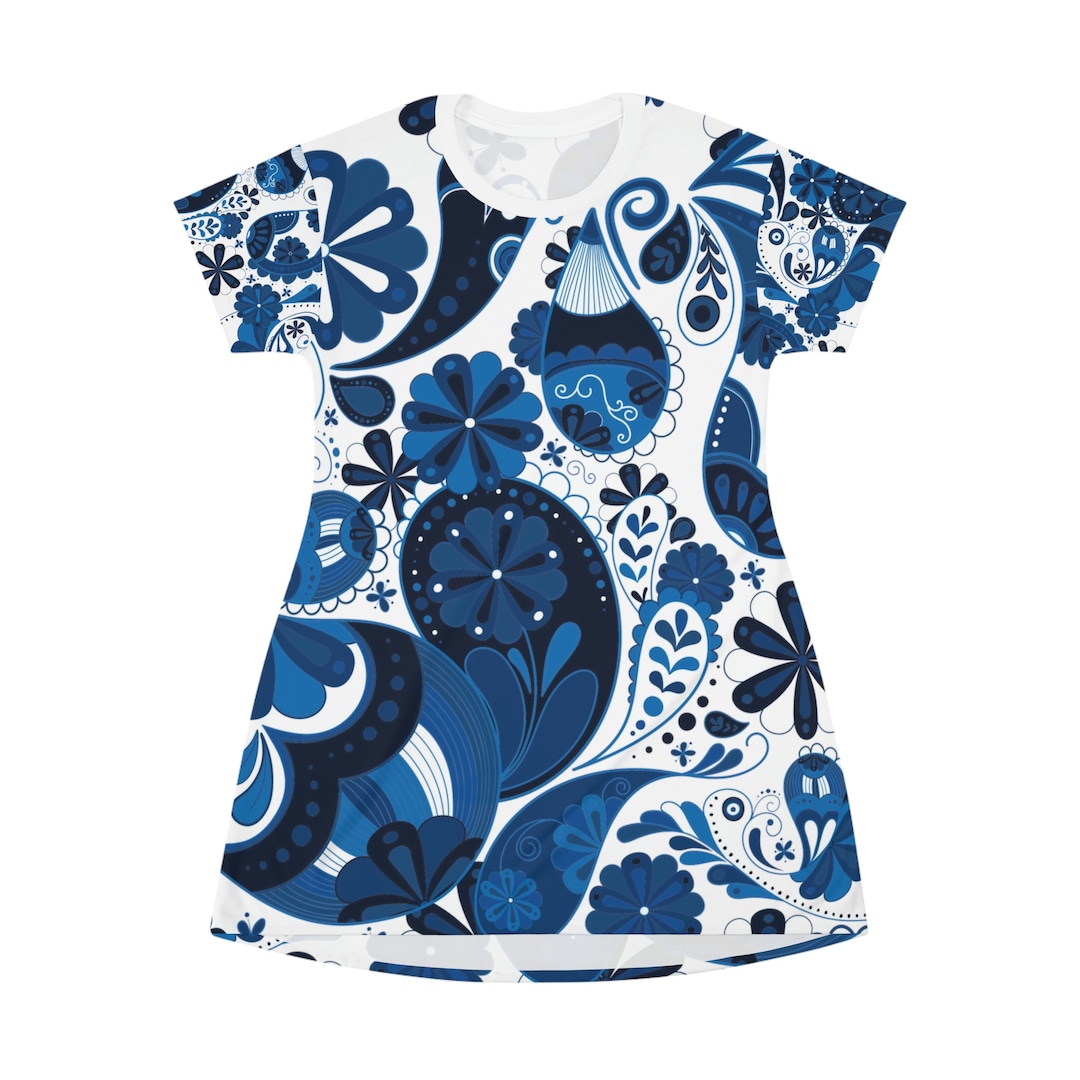 ABSTRACT BLUE FLOWER Pattern T-shirt Dress, Fun Outfit, Beach Tees ...