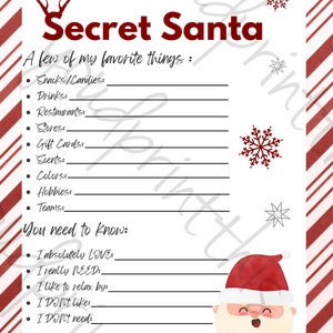 Printable Secret Santa Gift Exchange Survey Questionnaire for Christmas ...