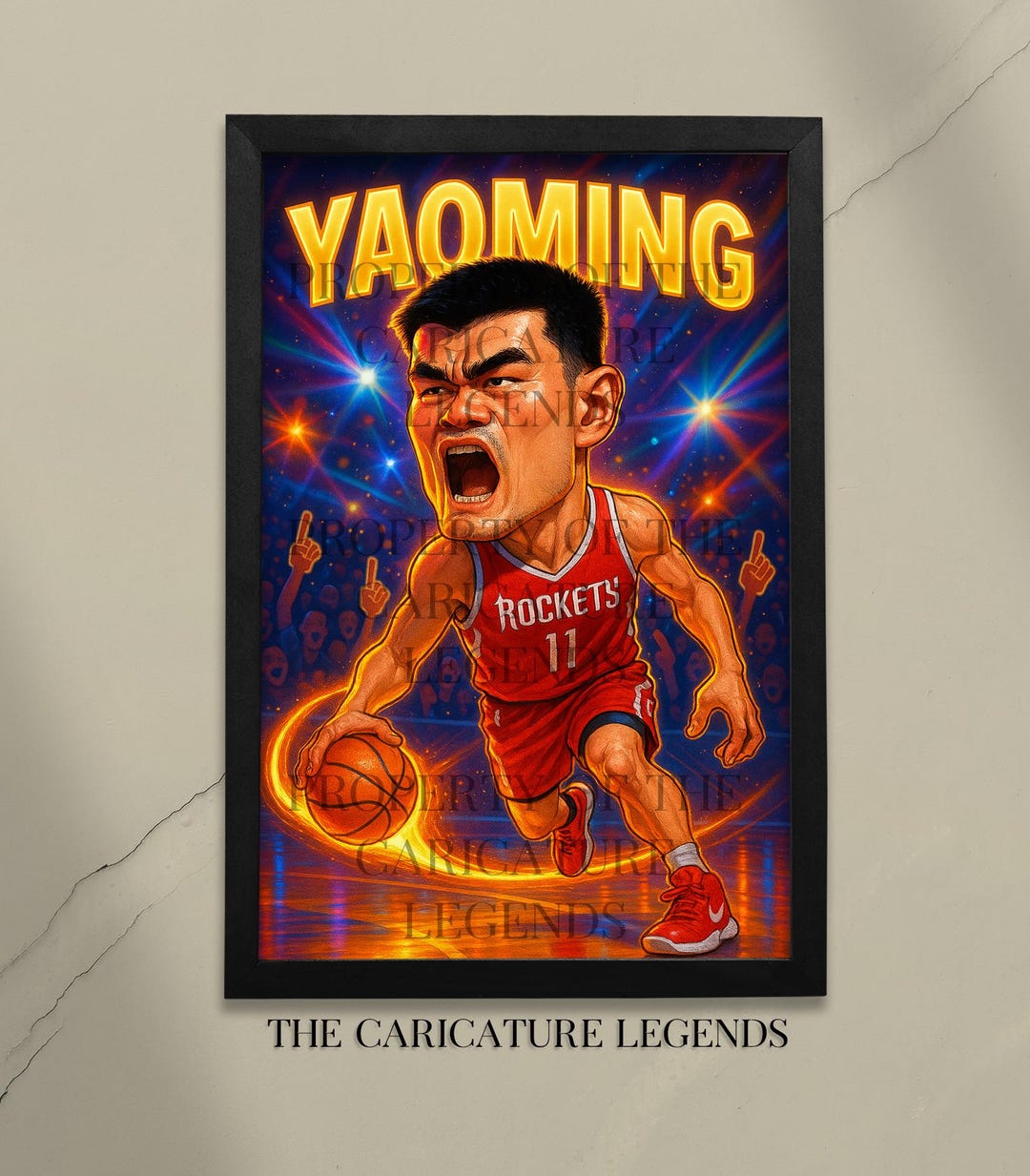 Yao Ming Caricature Poster, Funny Basketball Wall Art, Rockets Canvas ...