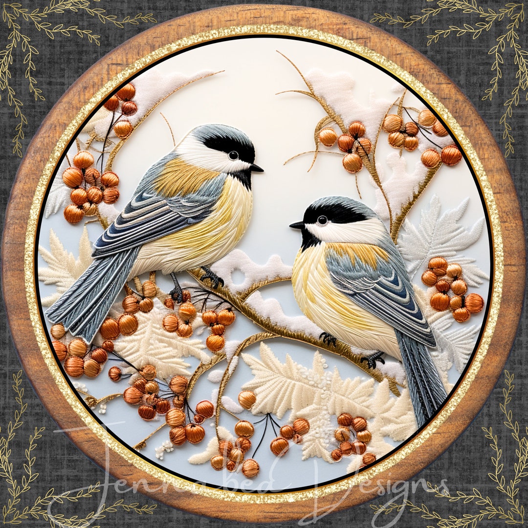 Bittersweet Cold, Faux Embroidery, 3D, Chickadees, Winter, Wreath Sign ...