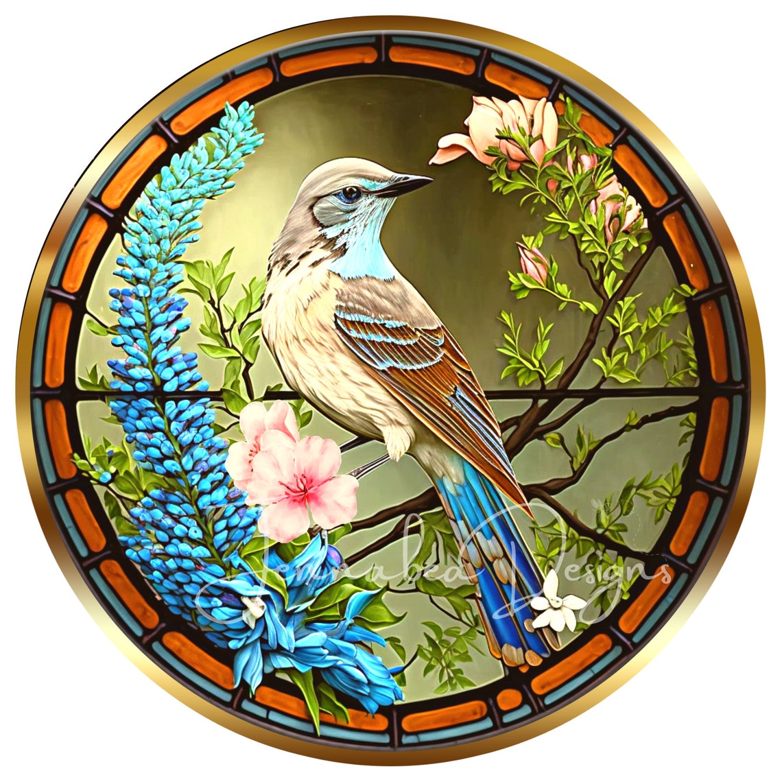 Faux Stained Glass, Wreath Sign Design, Mockingbird, Round, Sublimation ...