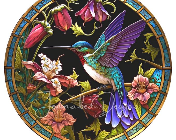 Round Faux Stained Glass Hummingbird Wreath Sign, Wreath Sign, UV Metal ...
