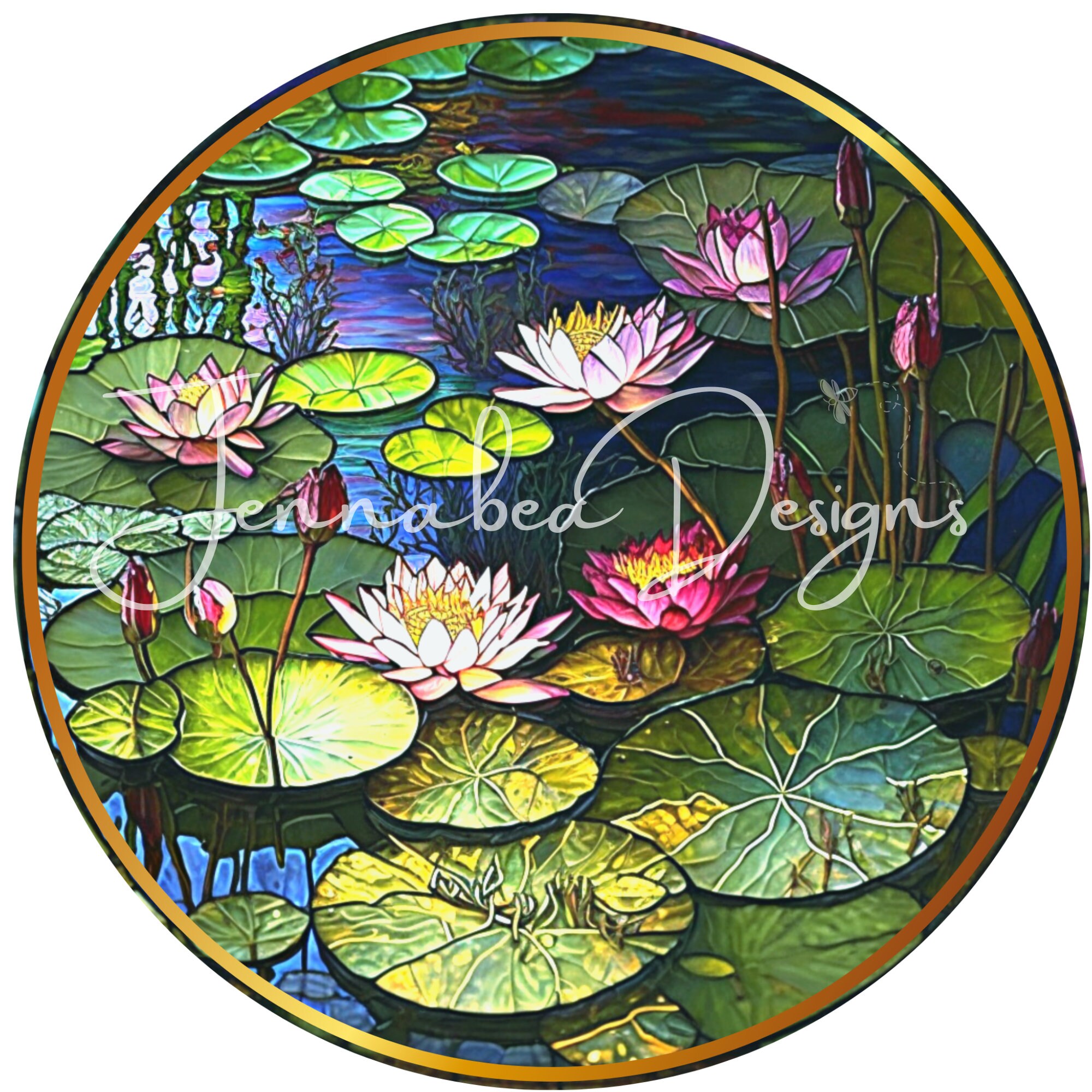 Wreath Sign Design, Round, Flowers, Faux Stained Glass, Lotus, Lily Pad ...