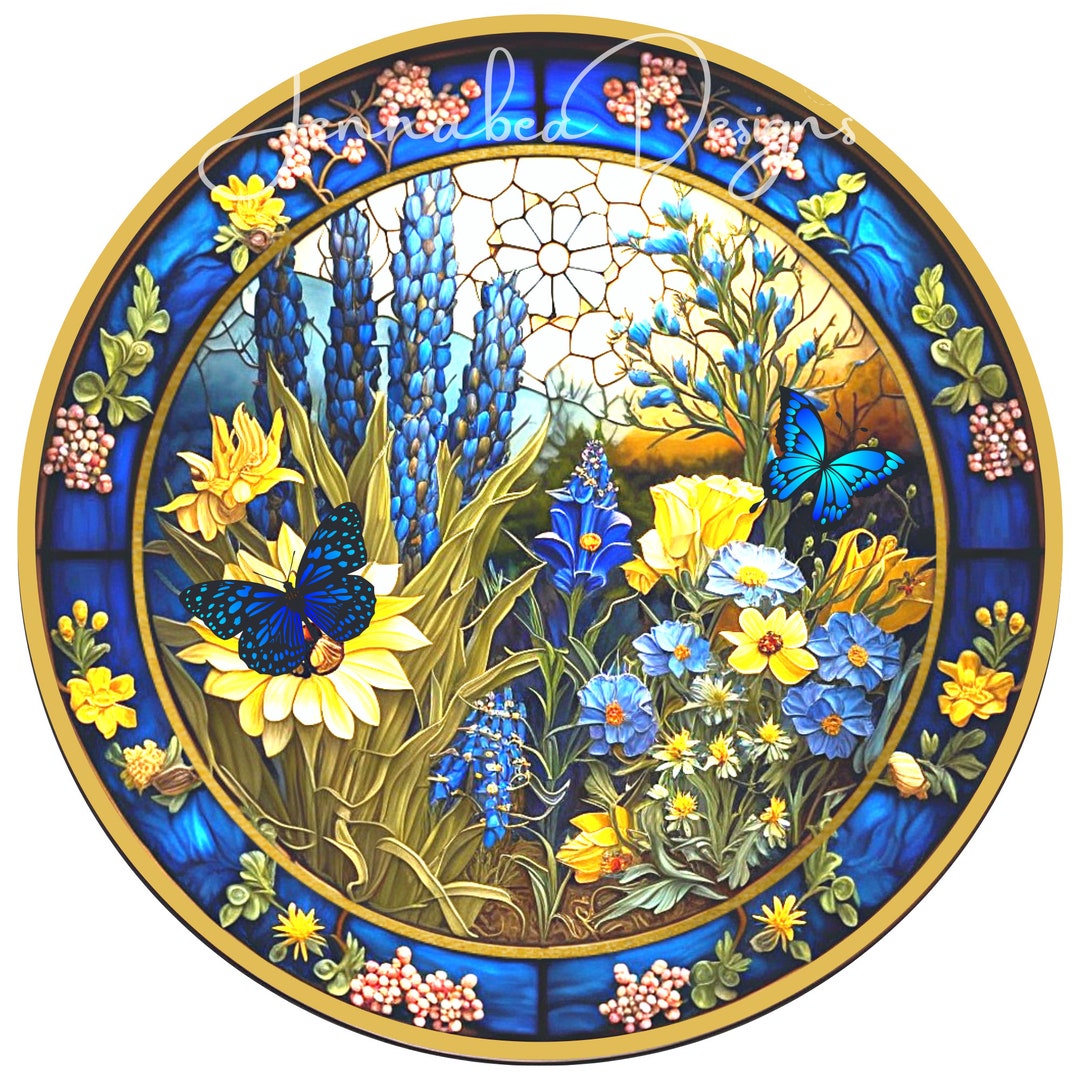 Faux Stained Glass, Wreath Sign Design, Bluebonnets and Butterflies ...