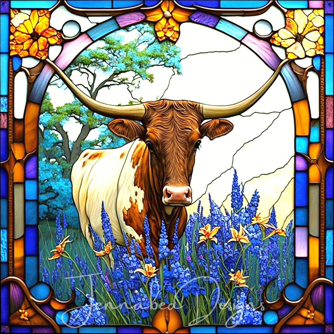 Bluebonnets and Longhorn, Texas, Wreath Sign, Faux Stained Glass ...