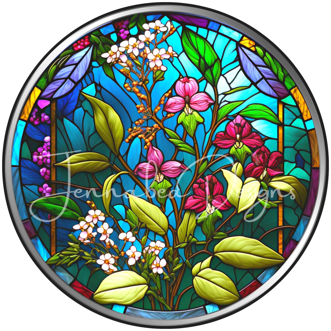 Faux Stained Glass, Sublimation Design, Orchids, Round Sign Design, Png ...