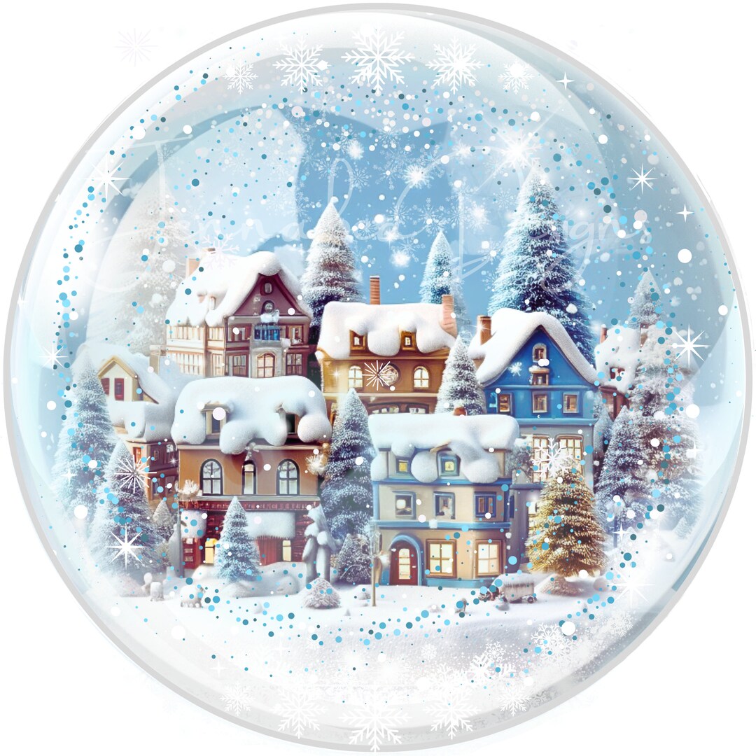 Blue Christmas, Snow Globe, Snowy Village, Round, Wreath Sign Design ...