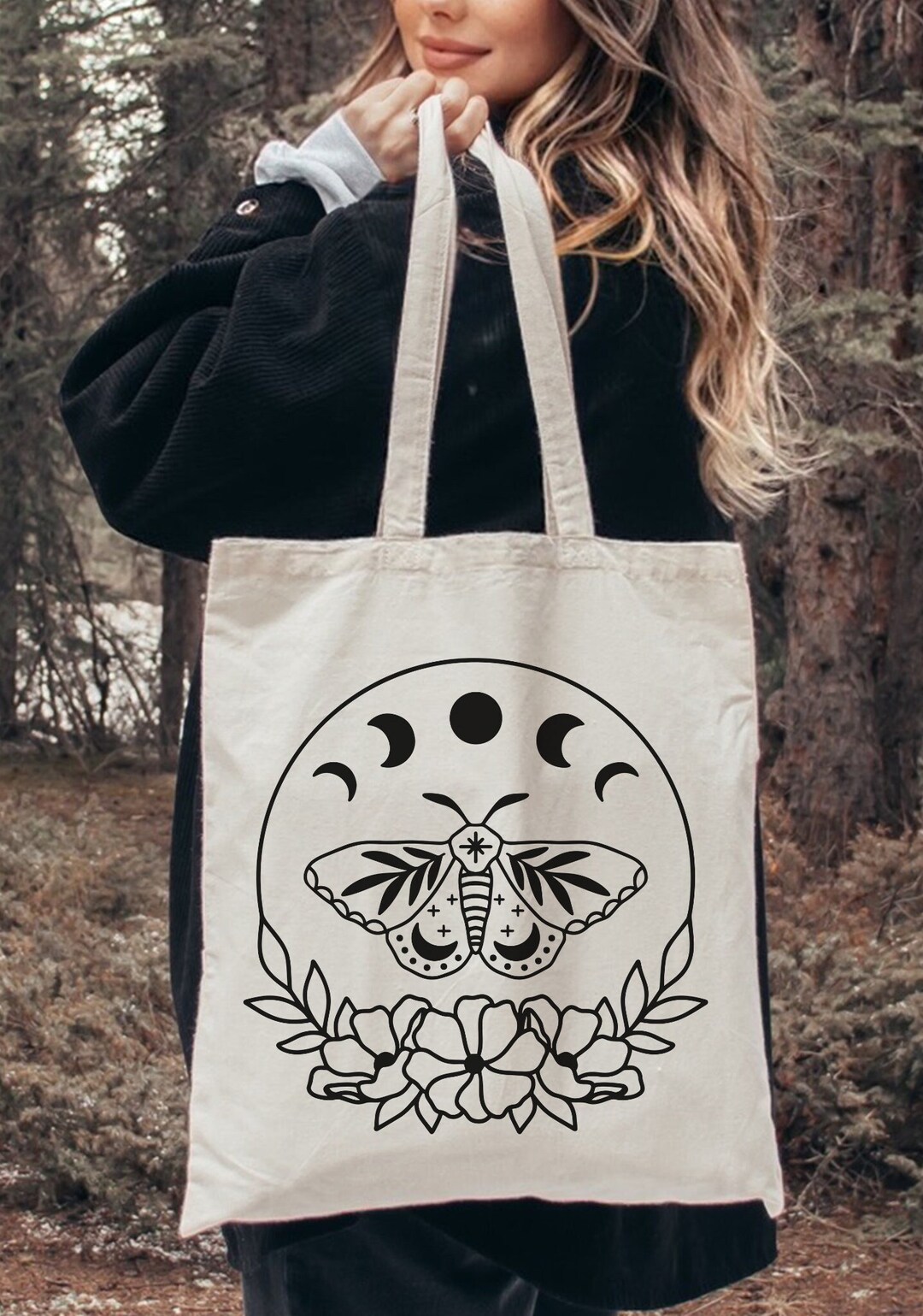 Celestial Moth Moon Phases Tote Bag, Lunar Moth Moon Phases Canvas Tote ...