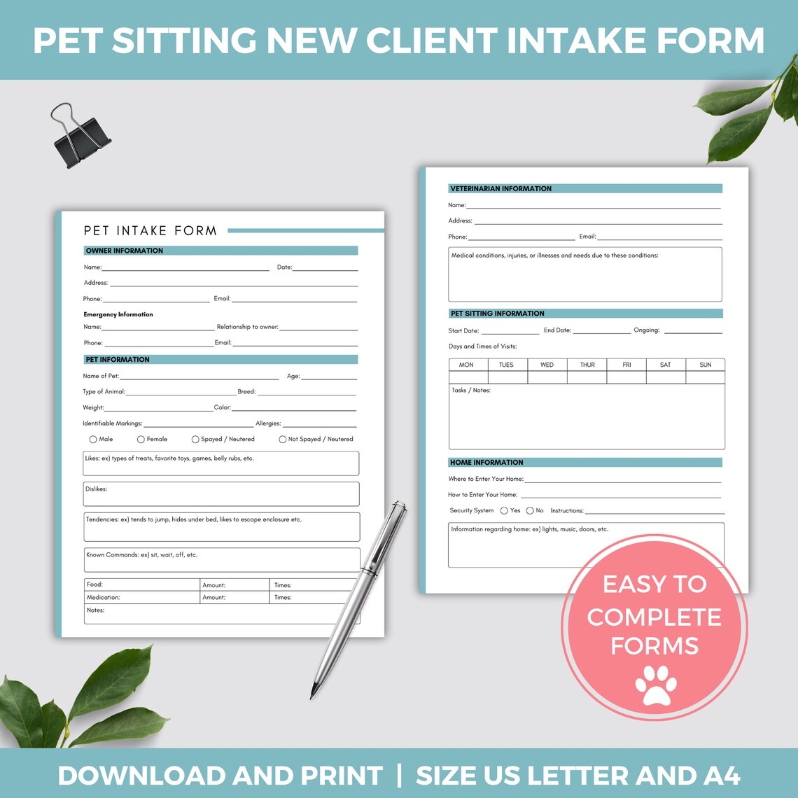 Pet Sitter Business Form, Pet Sitting Information Form, Dog Sitter New ...