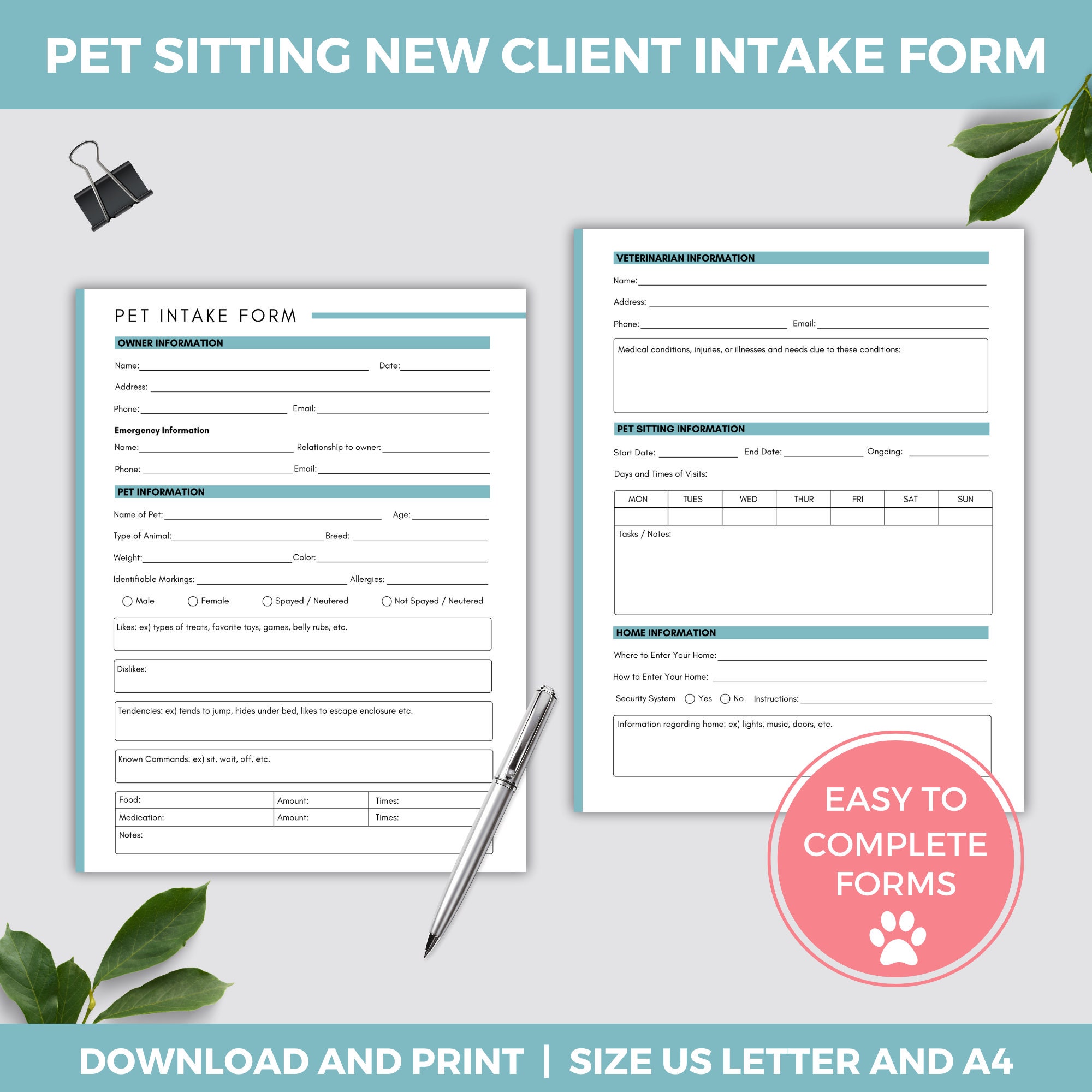 Pet Sitter Business Form, Pet Sitting Information Form, Dog Sitter New ...