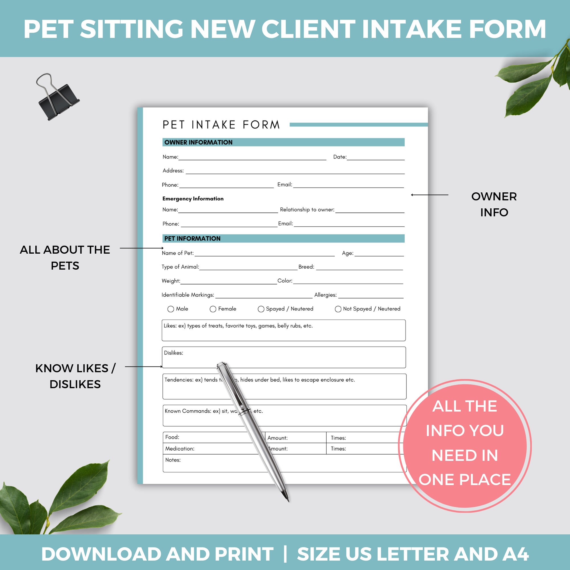 Pet Sitter Business Form, Pet Sitting Information Form, Dog Sitter New ...