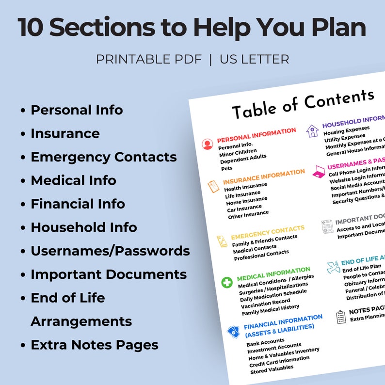 End of Life Planner Printable PDF, Emergency Binder, Fillable End of ...