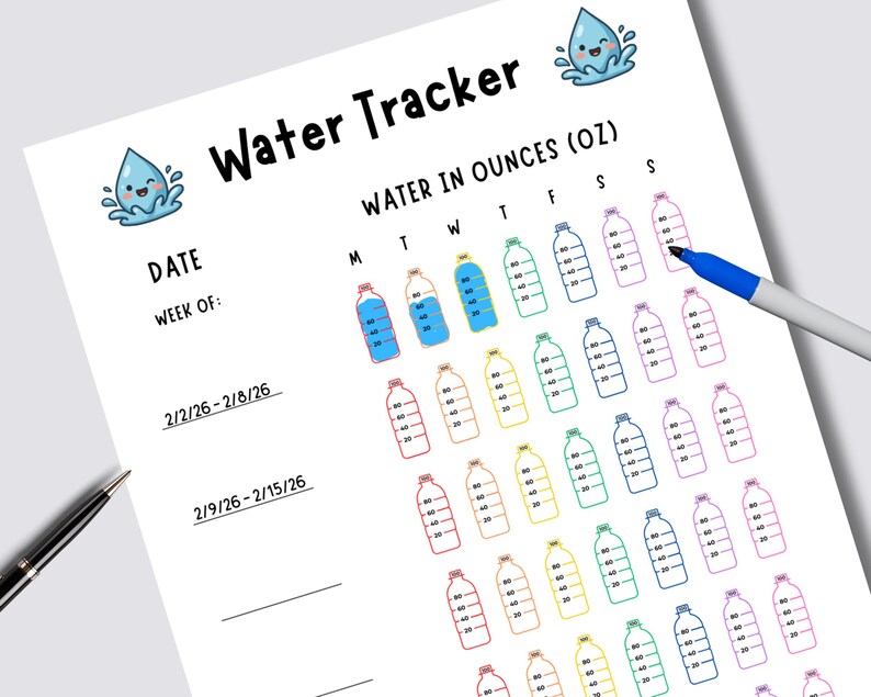Weekly Water Tracker Printable, Weekly Habit Tracker, 90 Oz Daily Water ...