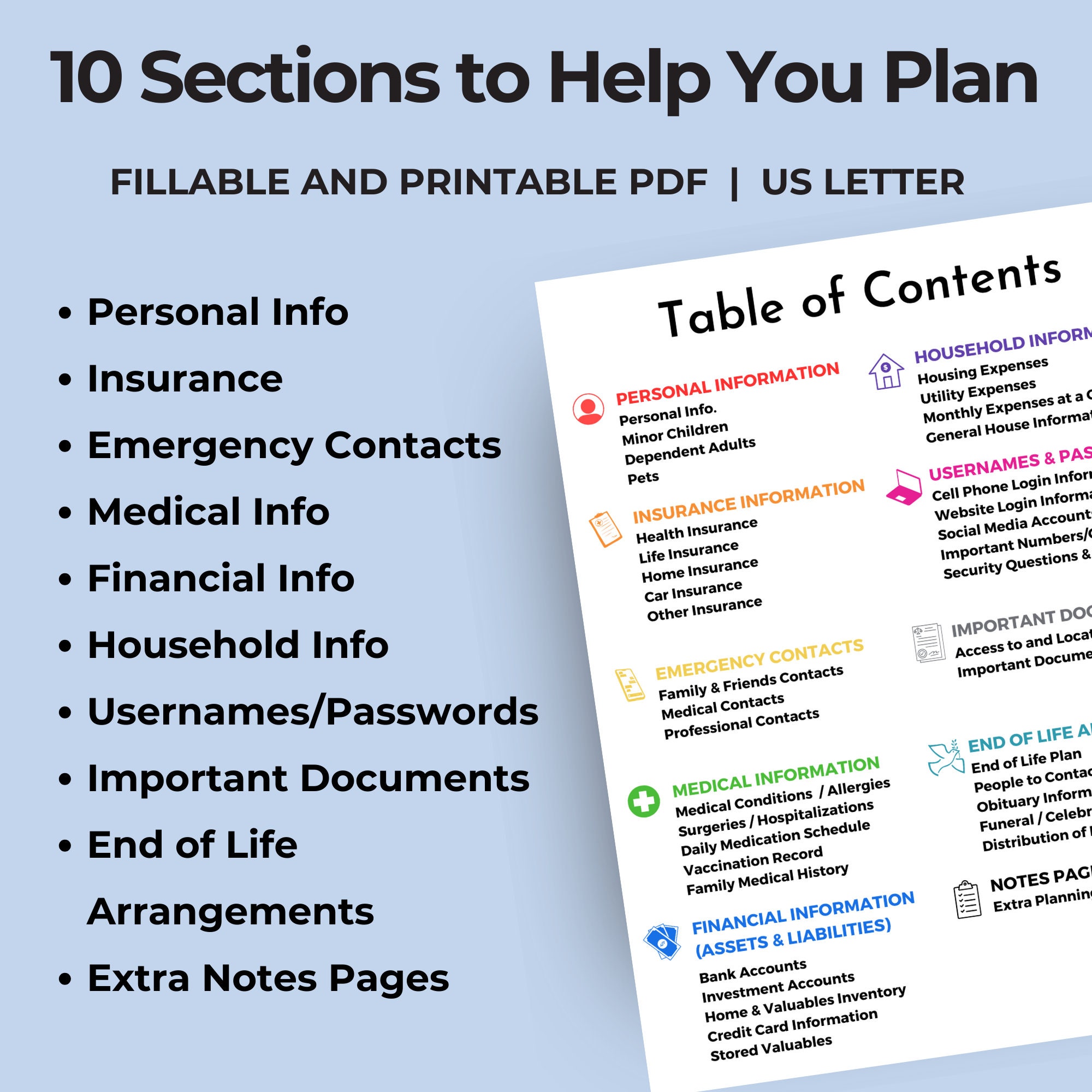 End of Life Planner Editable Printable PDF, Emergency Binder Fillable ...