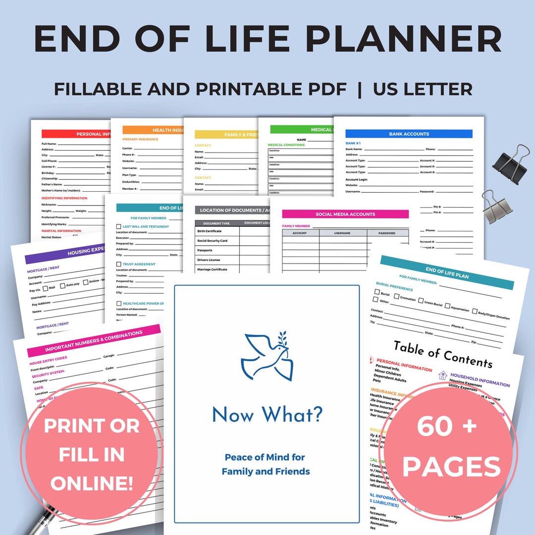 End of Life Planner Editable Printable PDF, Emergency Binder Fillable ...