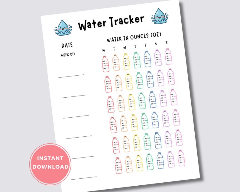 Weekly Water Tracker Printable, Weekly Habit Tracker, 90 Oz Daily Water ...