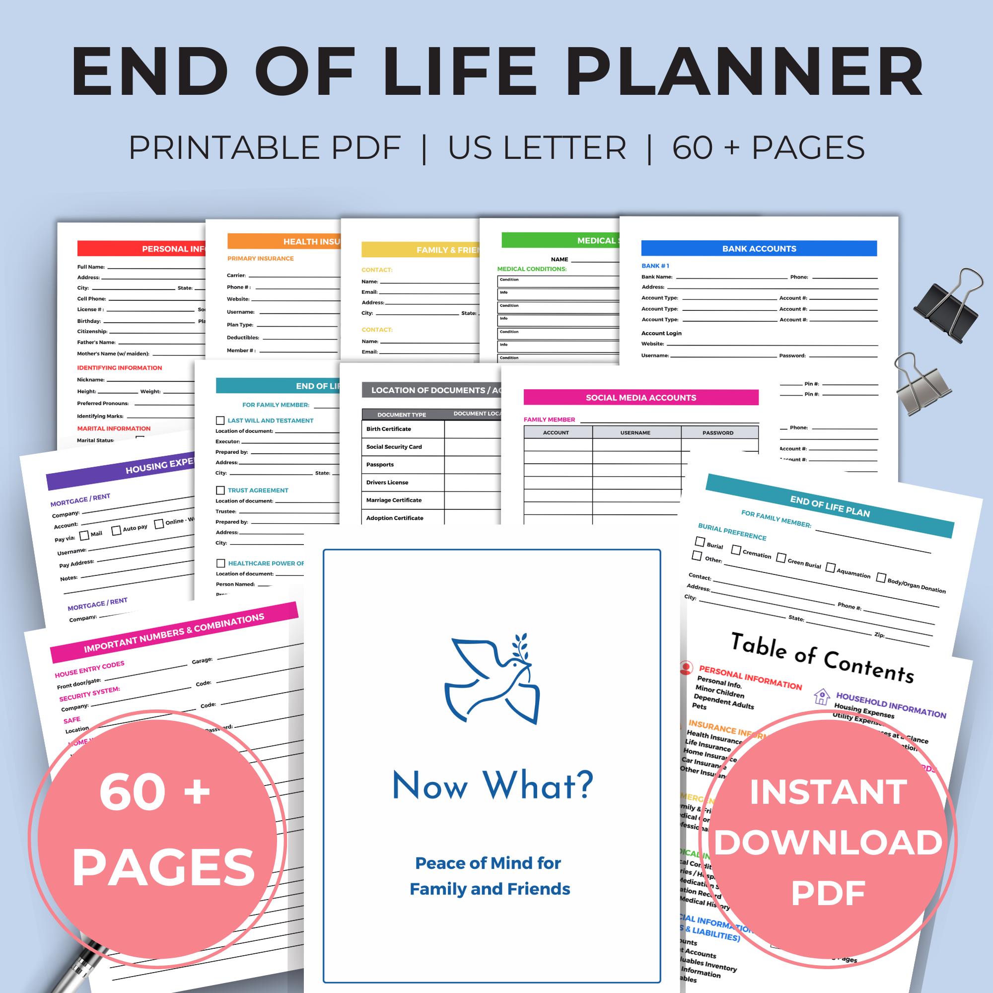 End of Life Planner Printable PDF, Emergency Binder, Fillable End of ...