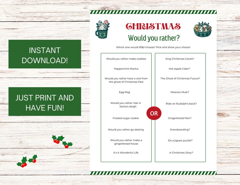 Christmas Would You Rather Game - Printable Christmas Games, Printable ...