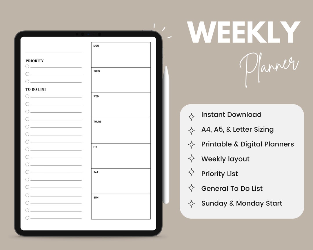 Undated Weekly Planner Digital and Printable Daily Planner - Etsy