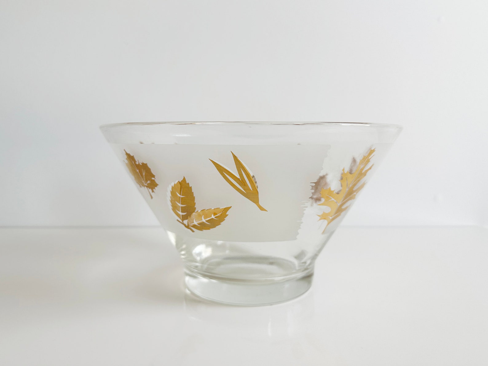 Vintage Libbey Golden Foliage Punch Bowl: Frosted Glass, Gold Autumn ...