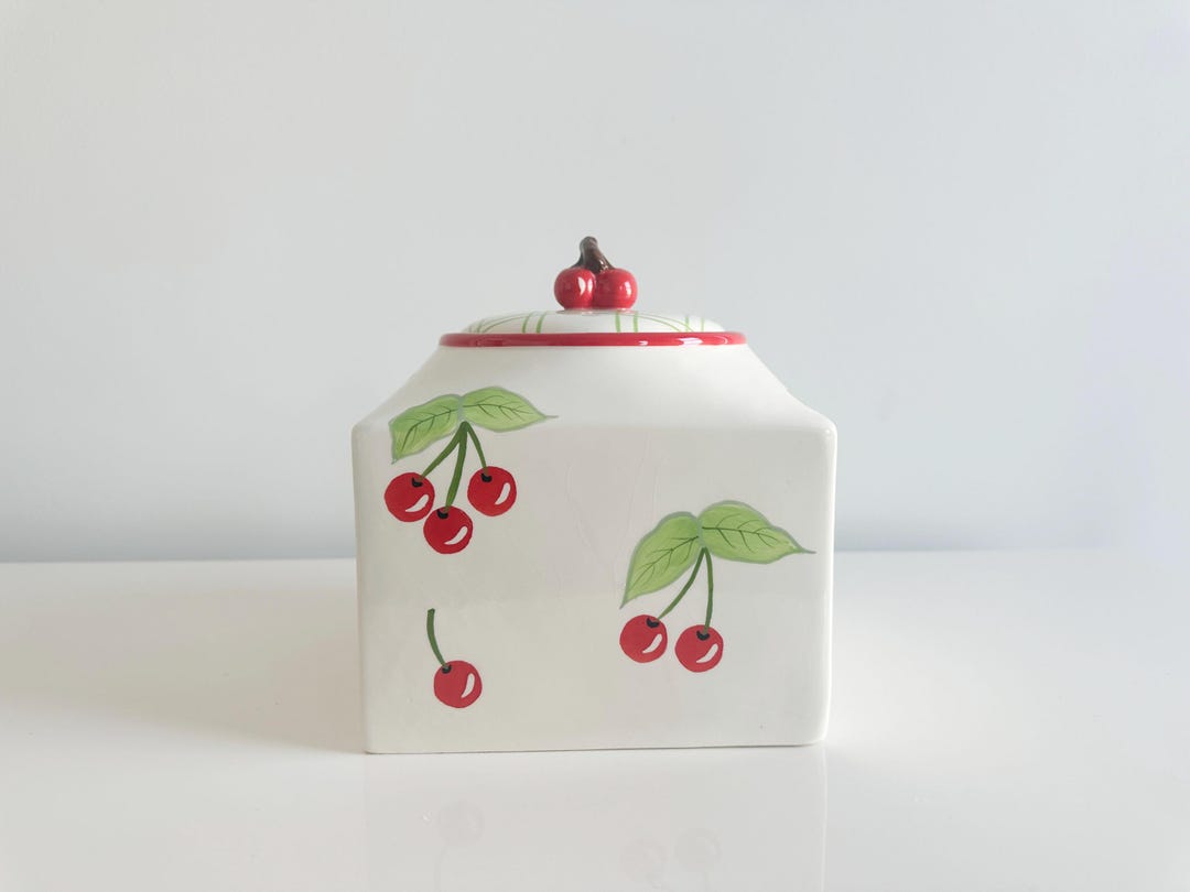 Vintage Cherry Ceramic Cube Canister With Lid Hand Painted Red & Green ...