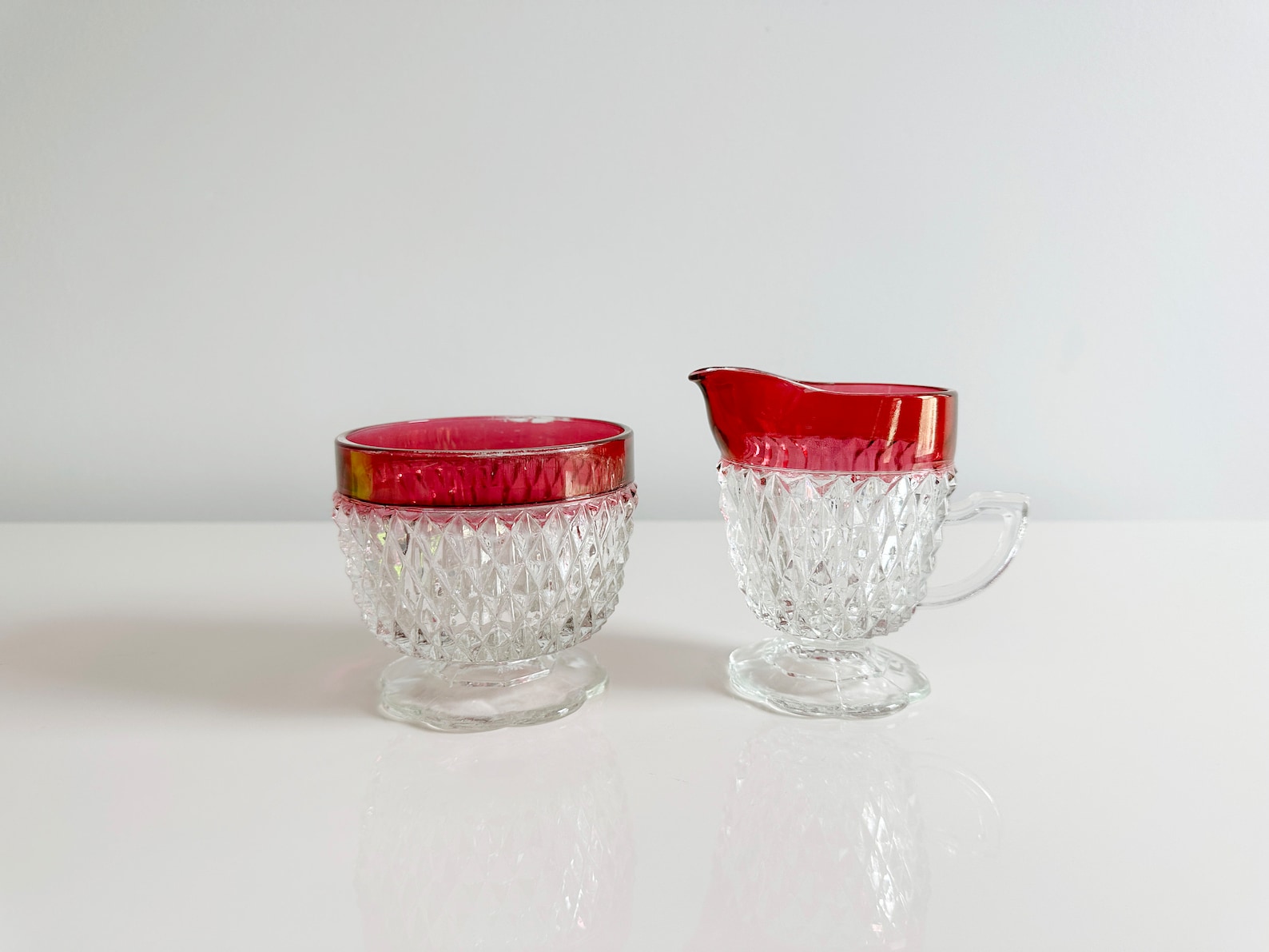 Diamond Point Ruby Red Flashed Creamer & Open Sugar by Indiana Glass ...