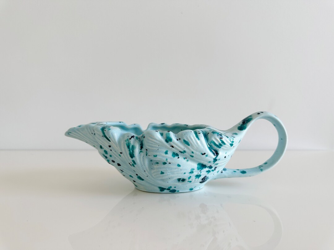 Turquoise Reactive Glaze Leaf Motif Gravy Boat Homemade Ceramic Mold ...