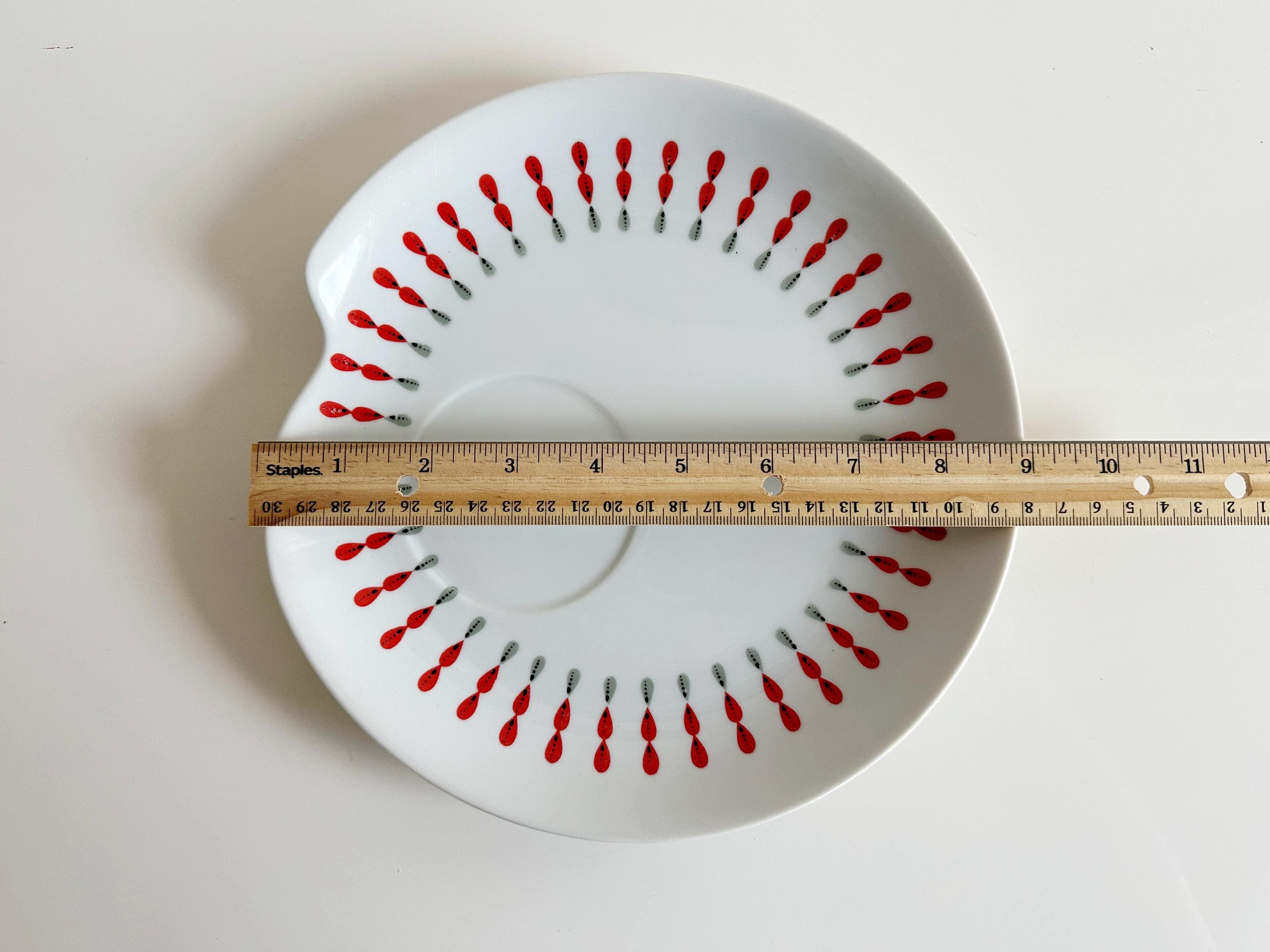 Set of 6 Mid-century Style Snack Plates Red Gray Feather Rim Vintage ...