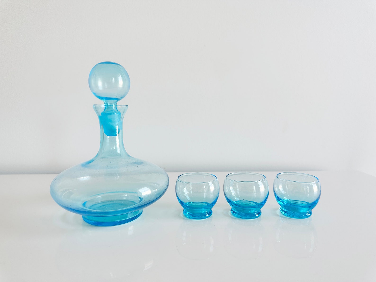 Turquoise Liquor Decanter Glass Bottle With 3 Glasses Grappa ...