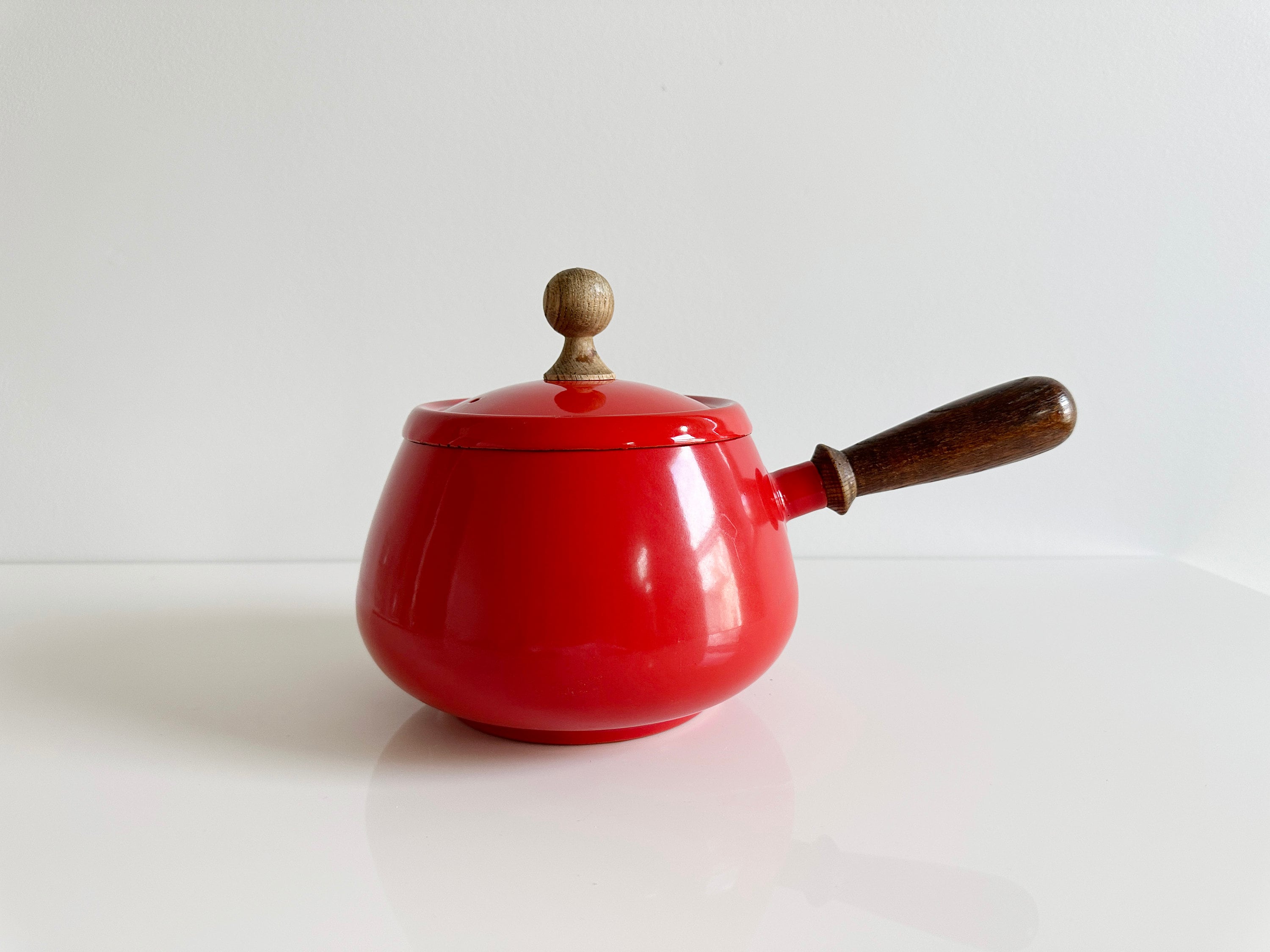 Red Enamel Metal Fondue Pot Teak Wood Handle Mid-century - Etsy