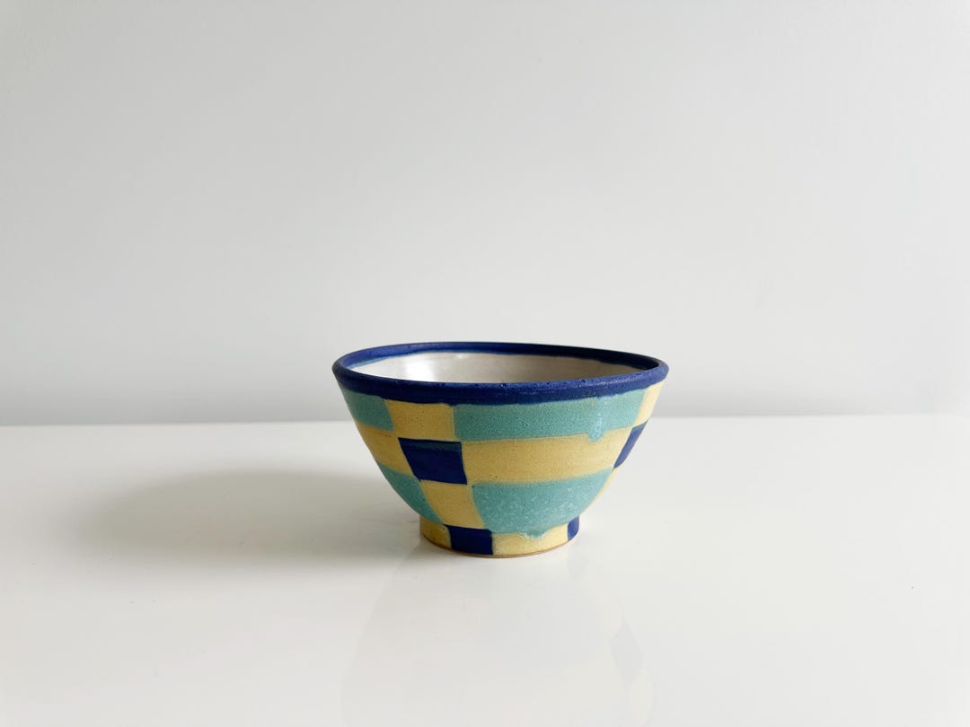 Studio Pottery Modern Ceramic Bowl Checkerboard Plaid Cobalt Blue USA ...
