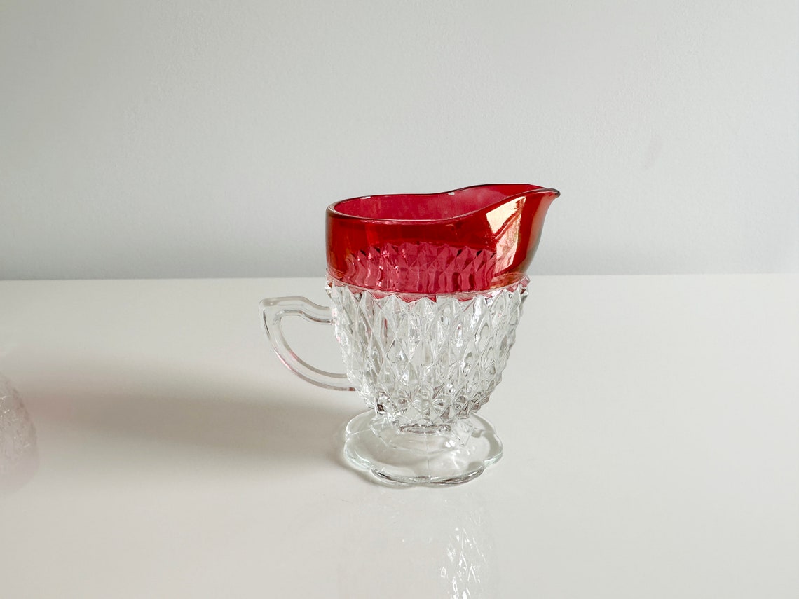 Diamond Point Ruby Red Flashed Creamer & Open Sugar by Indiana Glass ...