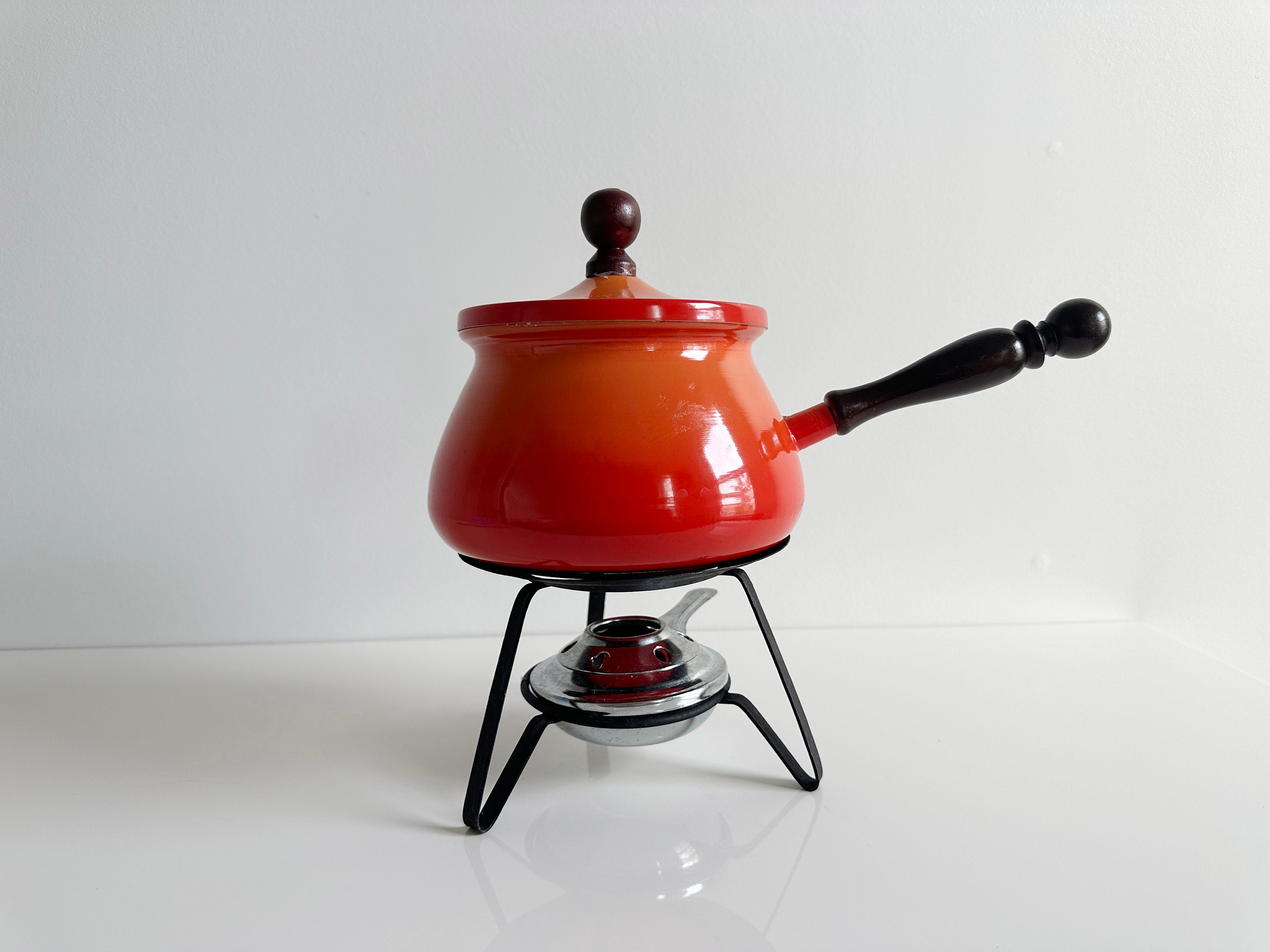 Red Enamel Metal Fondue Pot Teak Wood Handle Mid-century - Etsy