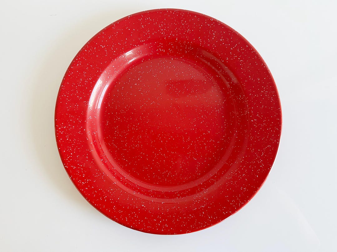 Red Speckled Enamel Tinware Deep Camping Dinner Plate Crate & Barrel ...