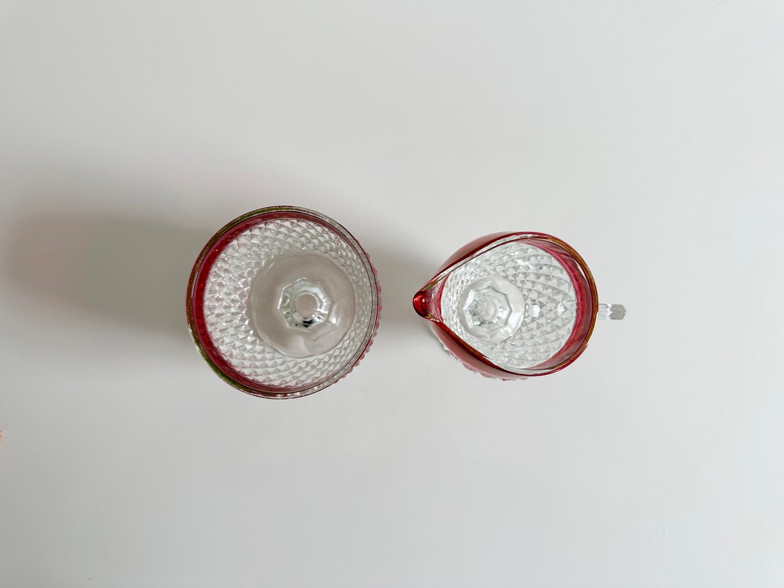 Diamond Point Ruby Red Flashed Creamer & Open Sugar by Indiana Glass ...