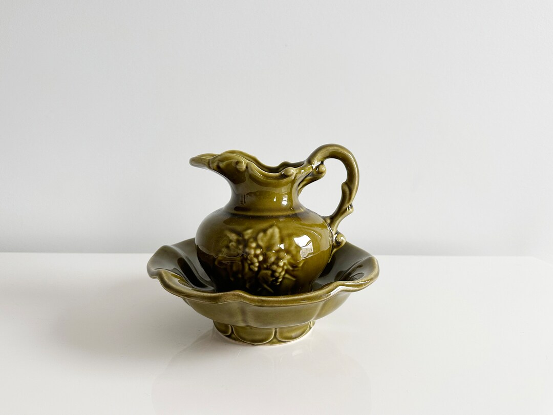 Mccoy Small Pitcher and Wash Basin Bowl Set Dark Olive Green Vintage ...