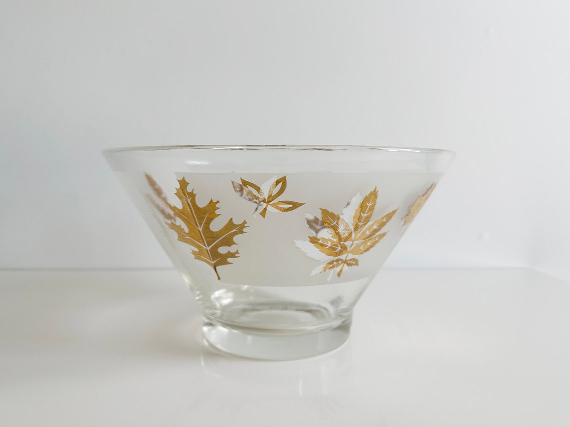Vintage Libbey Golden Foliage Punch Bowl: Frosted Glass, Gold Autumn ...