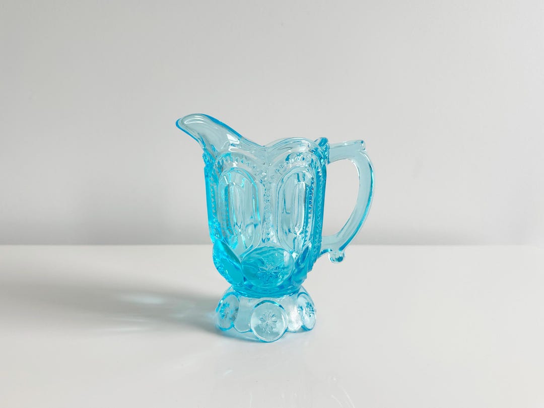 Moon & Stars Blue L.E. Smith Glass Crystal Small Pitcher USA Vintage ...