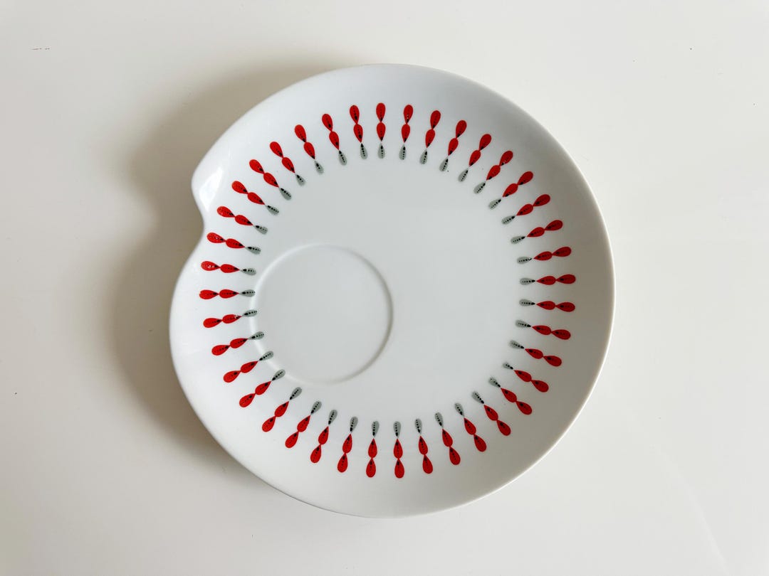 Set of 6 Mid-century Style Snack Plates Red Gray Feather Rim Vintage ...