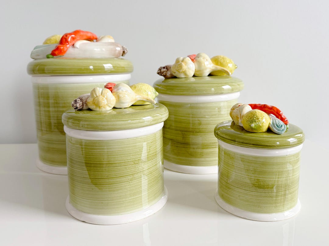 Vegetable Themed Green Ceramic Kitchen Storage Canister Set of 4 by ...